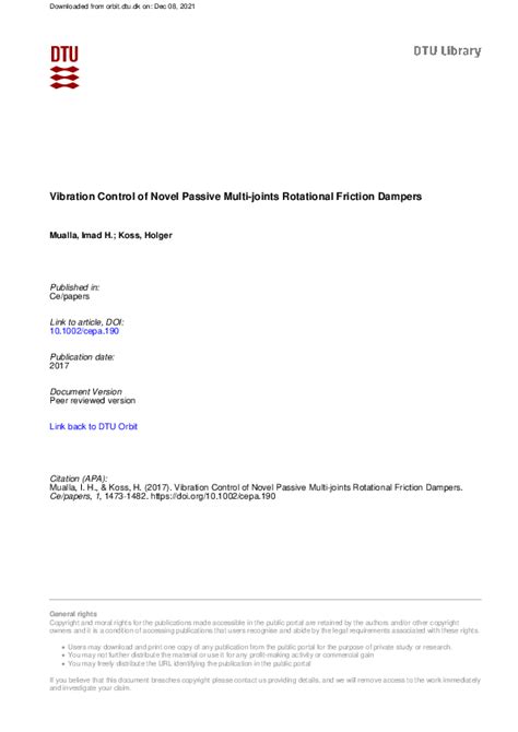 Pdf 06 08 Vibration Control Of Novel Passive Multi Joints Rotational Friction Dampers