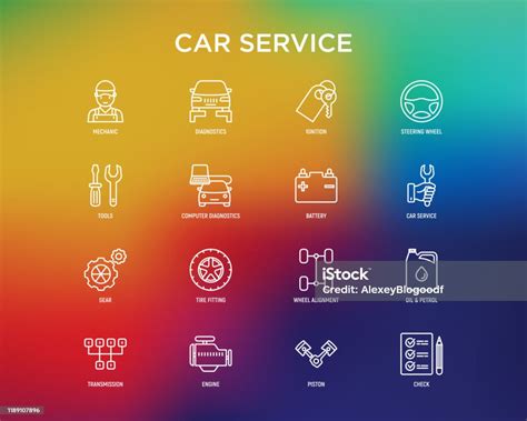 자동차 서비스 얇은 라인 아이콘 세트 정비사 컴퓨터 진단 점화 스티어링 휠 배터리 변속기 엔진 피스톤 오일 가솔린 타이어 피팅 현대 벡터 그림입니다 교통수단에 대한 스톡
