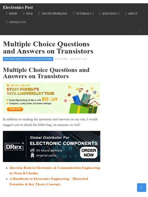 Multiple Choice Questions And Answers On Transistors Electronics Post Pdf Bipolar Junction