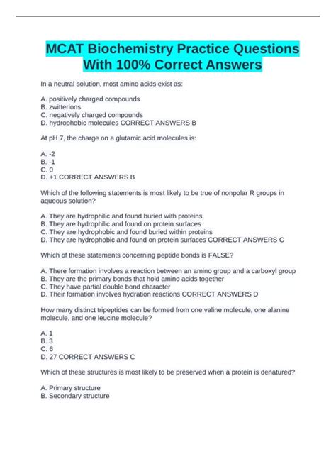 Mcat Biochemistry Practice Questions With 100 Correct Answers Mcat Biochemistry Stuvia Us