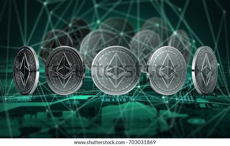 Ethereum Coins Connected Blockchain Nodes Standing Stock Illustration