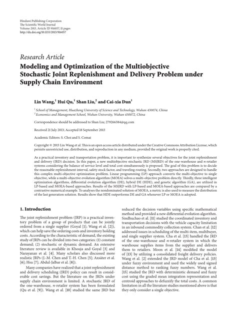 Pdf Modeling And Optimization Of The Multiobjective Stochastic Joint Replenishment And