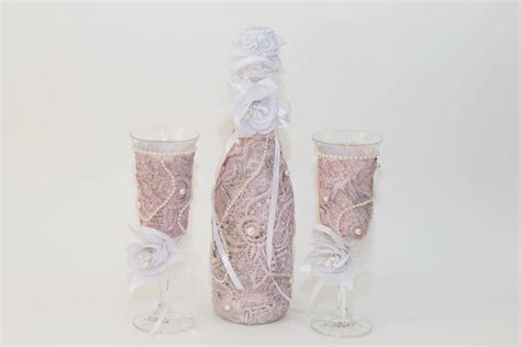 Сватбени ритуални чаши и шампанско “Корал и дантела” Ръчна изработка на подаръци за сватба и