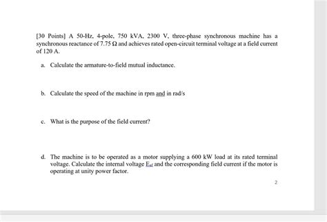 video solution a 50 hz 4 pole 750 kva 2300 v three phase synchronous machine has a