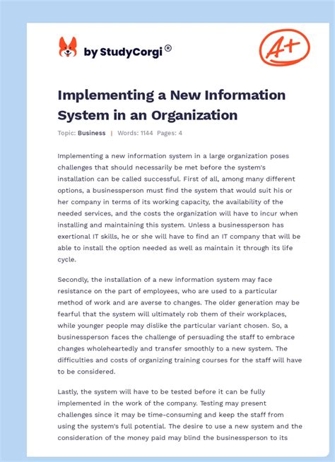 Implementing A New Information System In An Organization Free Essay