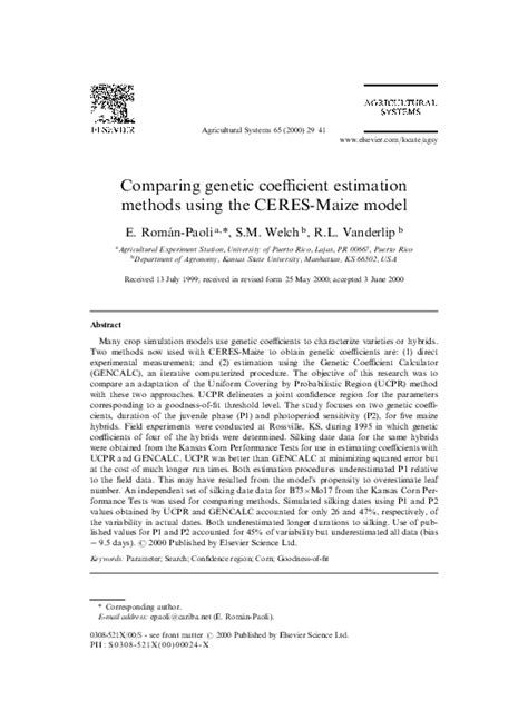 Pdf Comparing Genetic Coefficient Estimation Methods Using The Ceres Maize Model