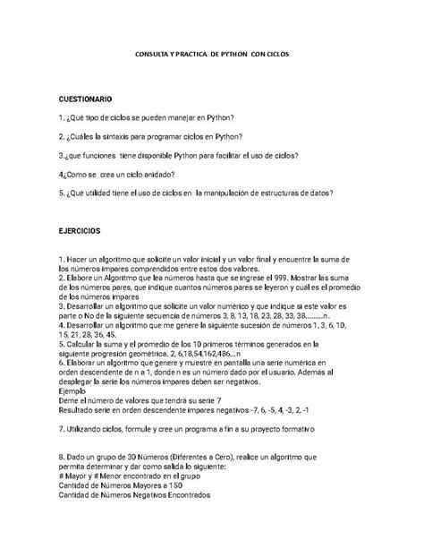 Consulta Y Practica De Python Con Ciclos Consulta Y Practica De Python Con Ciclos Cuestionario