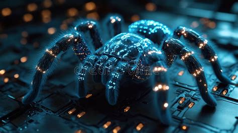 Cyber Spider Crawling On A Circuit Board Glowing Blue Stock Illustration Illustration Of