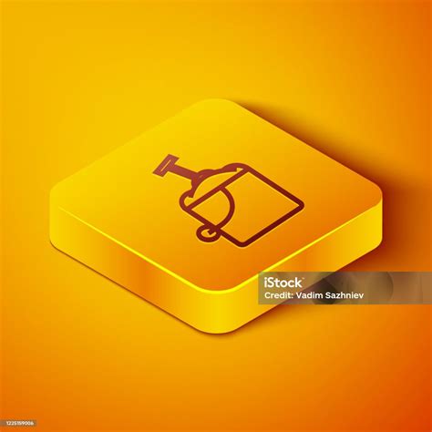 주황색 배경에 격리 된 삽 아이콘이있는 버킷의 등각 칭색 선 모래 플라스틱 아이 장난감입니다 여름 아이콘입니다 노란색 사각형