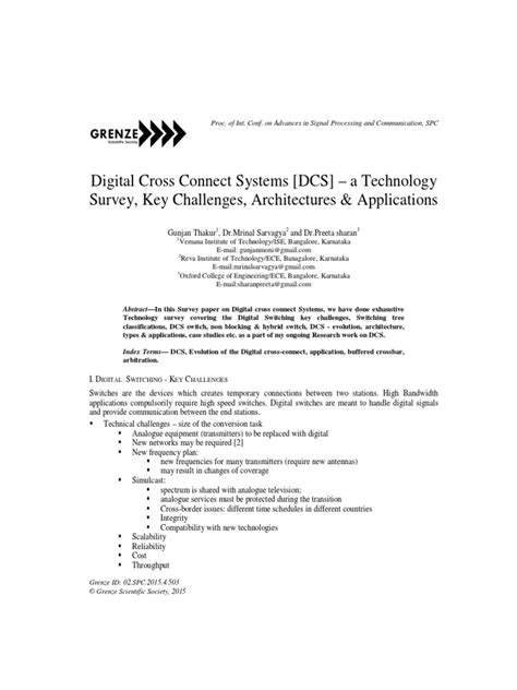 Digital Cross Connect Systems Dcs A Technologysurvey Key