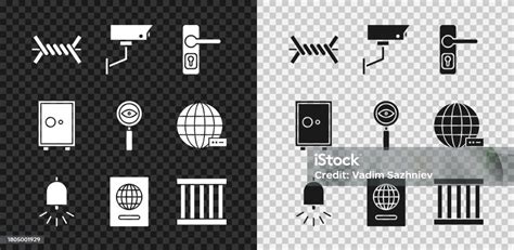 철조망 보안 카메라 문 손잡이 울리는 알람 벨 여권 감옥 창 금고 및 돋보기 검색 아이콘을 설정합니다 벡터 건네주기에 대한 스톡 벡터 아트 및 기타 이미지 Istock