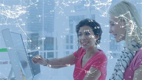 Network Of Connections And Data Points Animation Over Women Collaborating In Office Stock