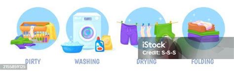 세탁 인포그래픽 가정 세탁 세탁소 서비스 방법 세척 과정 선 가사 정리 개념 세탁기 기계 더러운 더미 의류에 대한 스톡 벡터