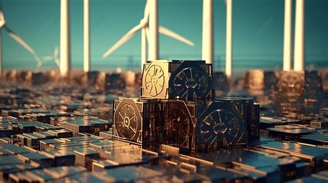 블록체인 기술과 재생 가능 에너지의 융합을 탐구하고 3d 렌더링에서 환상적인 에코암호화 및 Ico 개념을 탐구합니다 디지털 코인 암호화폐 비트코인 암호화폐 배경