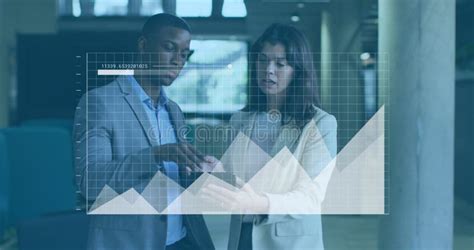 Animation Of Chart Moving Over Diverse Colleagues Discussing Over Smartphone In Office Stock