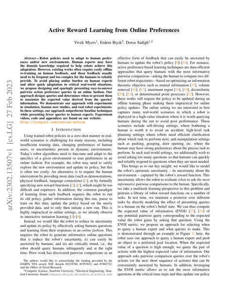 Pdf Active Reward Learning From Online Preferences