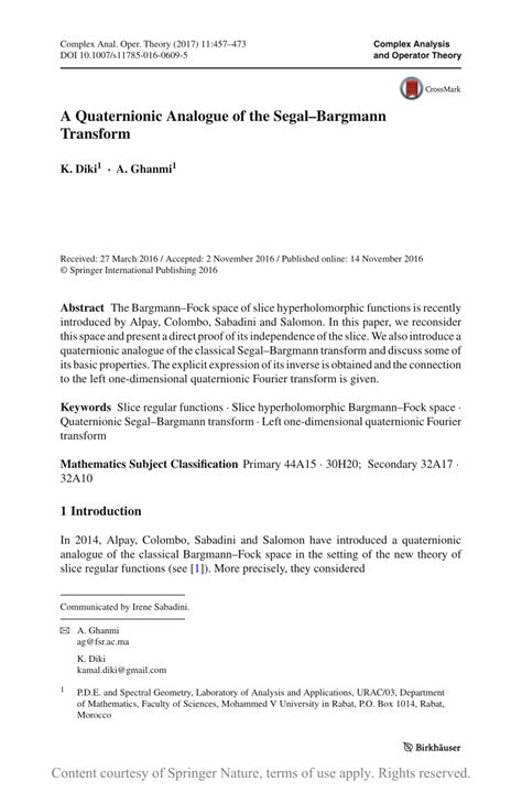 A Quaternionic Analogue Of The Segal Bargmann Transform Request Pdf