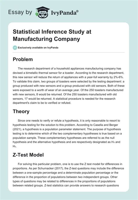 Statistical Inference Study In Manufacturing 691 Words Case Study
