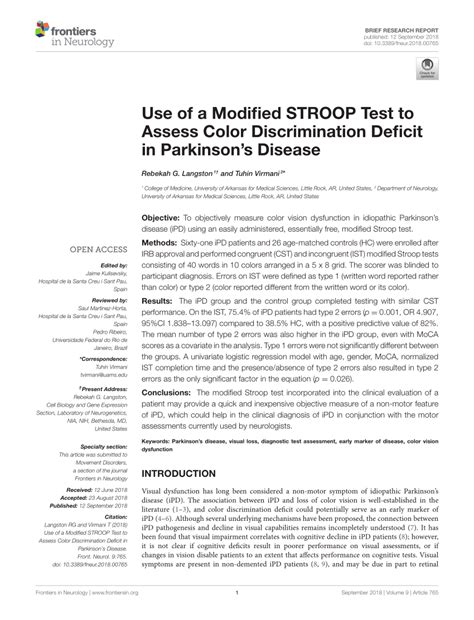Pdf Use Of A Modified Stroop Test To Assess Color Discrimination Deficit In Parkinsons Disease