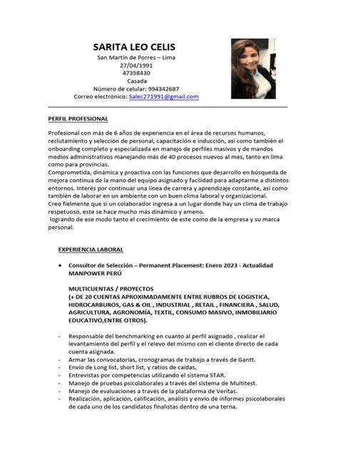 Cv Sarita Leo Celis Pdf Reclutamiento Gestión De Recursos Humanos