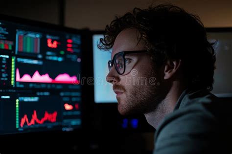 An Evening Scene Of A Programmer Seated In Front Of Two Large Computer Monitors And Lines Of