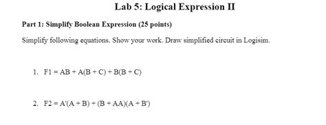 Solved Lab 5 Logical Expression Ii Part 1 Simplify Boolean