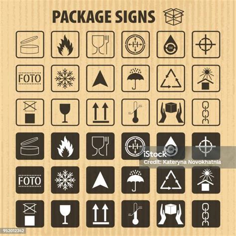 벡터 벡터 마분지 배경에 포장 기호 재활용 깨지기 쉬운 제품의 수명 인화성 비 독성 물자 이 쪽 다른 기호를 포함 하 여 설정 아이콘을 배송 합니다 포장 판지 상자에 사용