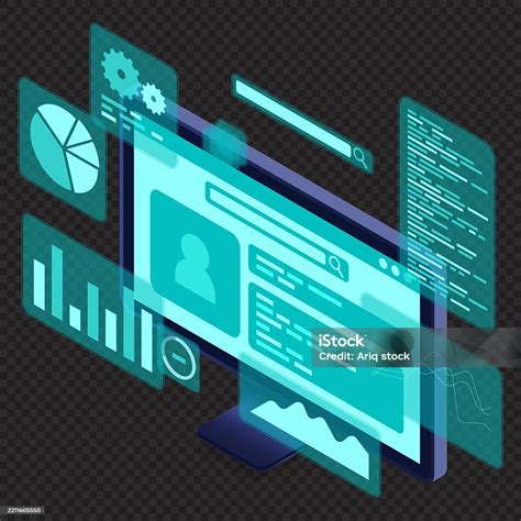 데이터 분석을 위한 그래프와 차트가 있는 파란색 가상 홀로그램 프로젝션이 있는 컴퓨터 모니터 모니터의 분석 데이터 웹 개발 개념 아이소메트릭 기술 0명에 대한 스톡 벡터