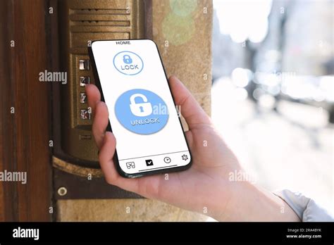 Woman Unlocking Door Using Mobile Phone Closeup Illustration Of Closed And Open Padlocks On