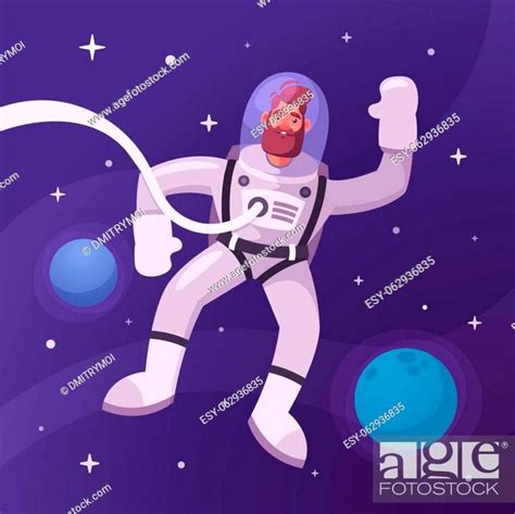 Astronaut Character Exploring Outer Space Futuristic Cosmonaut In Spacesuit Walking And Flying