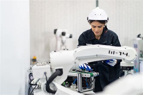 Premium Photo Female Engineer Check And Control Automation Robot Arms Machine In Intelligent