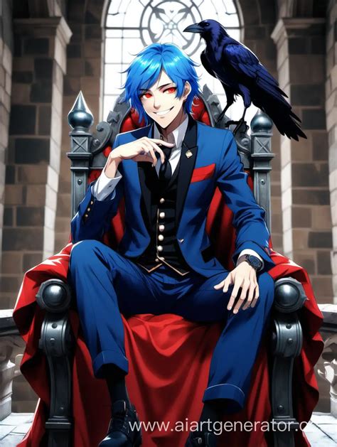Bluehaired Anime Hero Smiling On Red Throne With Crow Ai Art Generator