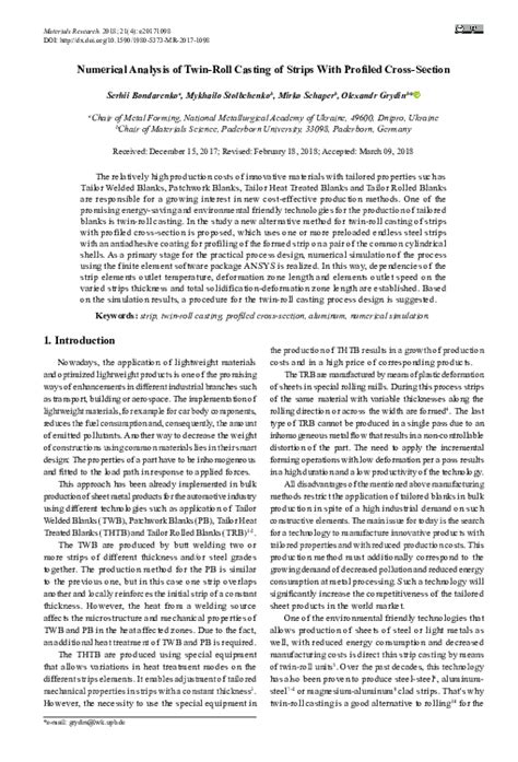 Pdf Numerical Analysis Of Twin Roll Casting Of Strips With Profiled Cross Section