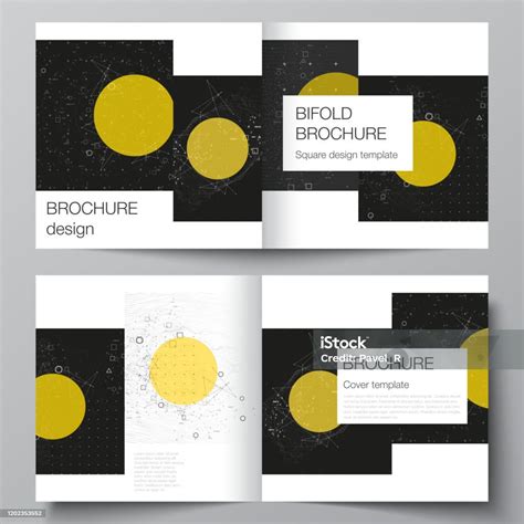 사각형 디자인 Bifold 브로셔 잡지 전단지 소책자를위한 두 개의 표지 템플릿의 벡터 레이아웃 동적 입자가 있는 과학 또는 기술 3d 배경 화학 및 과학 개념 0명에 대한