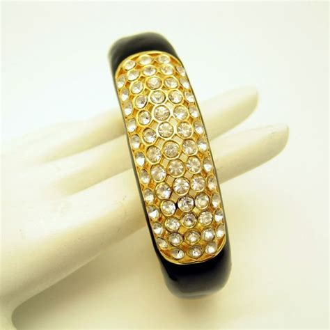 Vintage Wide Bangle Bracelet Mid Century Black Enamel Rhinestones Hinged Glamorous