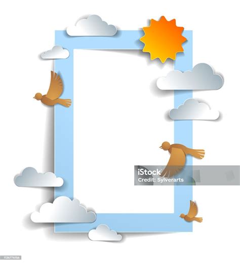 새 들이 하늘 배경 또는 텍스트 여름 편안 하 고 평화로운 느낌 종이 컷 아이 스타일의 벡터 일러스트 레이 션을 위한 복사 공간으로 아름 다운 구름과 태양 사이에 비행 무리