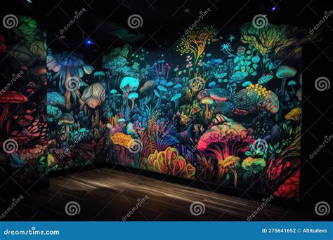 Blacklight And Uv Reactive Art Installation With Various Artwork Displayed On Walls And Floor