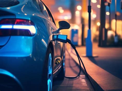 흐릿한 Nat에 전원 케이블 공급 장치가 연결된 충전소의 Ev 자동차 또는 전기 자동차 프리미엄 사진