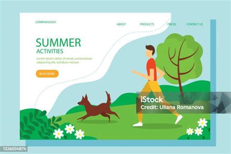 공원에서 개와 함께 달리는 남자 야외 레크리에이션 활동적인 취미의 개념적 일러스트레이션 플랫 스타일의 여름 벡터 일러스트레이션 개에 대한 스톡 벡터 아트 및 기타 이미지