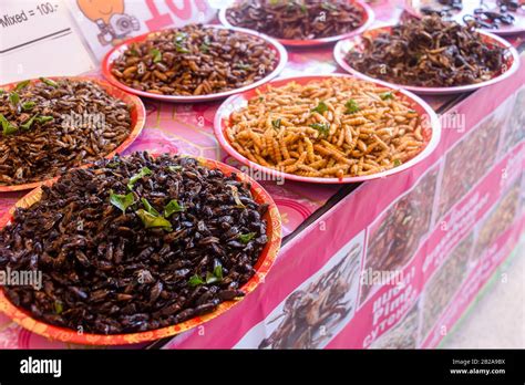 Bowls Of Deep Fried Insect Grubs For Sale At A Thai Street Food Market