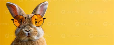 Ai Generated Bunny Wearing Funny Glasses On Yellow Background Humorous Rabbit Portrait With