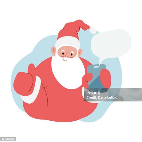 쾌활한 산타 클로스의 현대 평면 벡터 그림 메시지 거품 템플릿으로 스마트 폰을 표시 빨간 옷을 입고 엄지 손가락 제스처 표시 12월에 대한 스톡 벡터 아트 및 기타 이미지