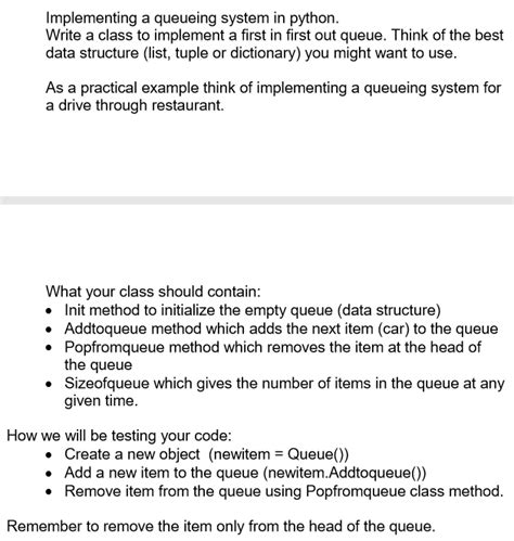 solved implementing a queueing system in python write a