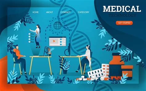 환자는 원격 기술을 사용 하 여 홀로그램 의사와 상담 평면 만화 벡터 일러스트입니다 약물 연구 Dna 헬스케어 개발 실험실에서 의사와 과학자의 활동 방문 페이지 서식 파일