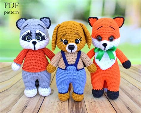 Amigurumi Animals Patterns Raccoon Fox Bull Deer Dog Monkey