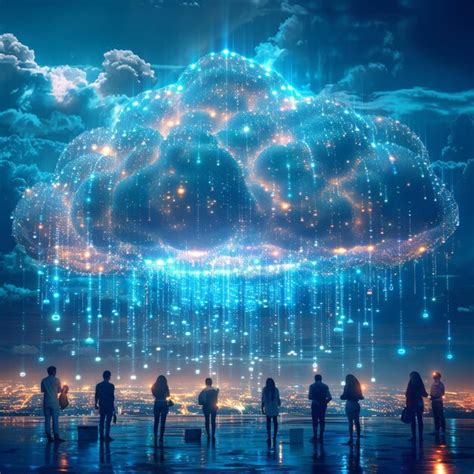Group Observing Futuristic Binary Cloud Premium Ai Generated Image