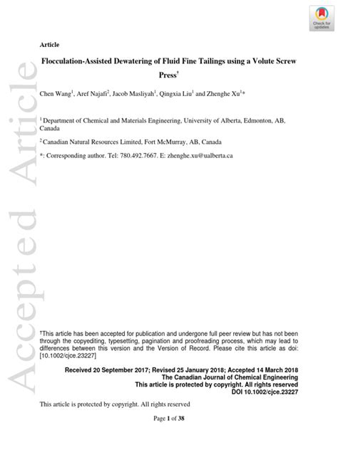 Flocculation Assisted Dewatering Of Fluid Fine Tailings Using A Volute Screw Press Pdf
