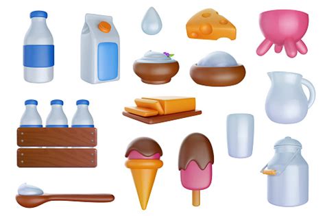 3d 만화 스타일의 유제품 세트입니다 현실적인 귀여운 패키지 병 캔 유리 주전자 아이스크림 치즈 요구르트 우유 방울 벡터 일러스트 레이 션입니다 브랜딩을 위한 템플릿입니다
