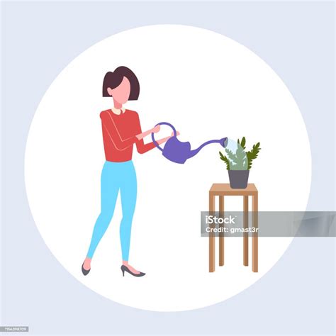 주부 쏟아지는 물 국내 화분 식물 여자 보유 수 집안일 개념 여성 만화 캐릭터 전체 길이 플랫 가사 집안일에 대한 스톡 벡터 아트 및 기타 이미지 Istock
