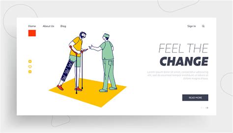 장애인 물리 치료 방문 페이지 템플릿입니다 치료 도움으로 잃어버린 신체 능력의 수정 부상당한 남자 캐릭터 참여 적응 체육 선형 사람 벡터 일러스트레이션 개념에 대한 스톡